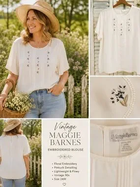 Maggie Barnes | Tops | Vintage Maggie Barnes Blouse 24w White Floral ...